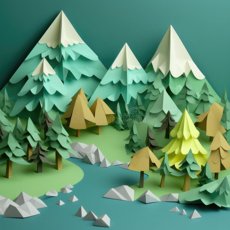Origami Landscape with Trees and Mountains, Created Using Generative Ai ...