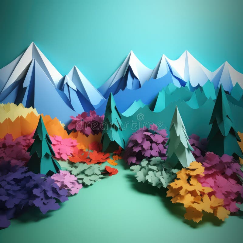 Origami Landscape with Trees and Mountains, Created Using Generative Ai ...