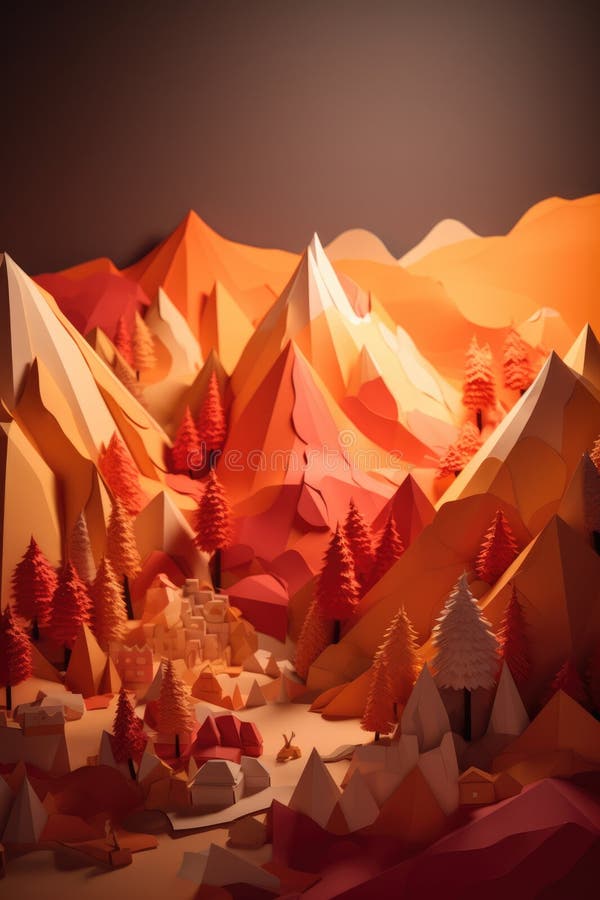 Origami Landscape with Trees and Mountains, Created Using Generative Ai ...