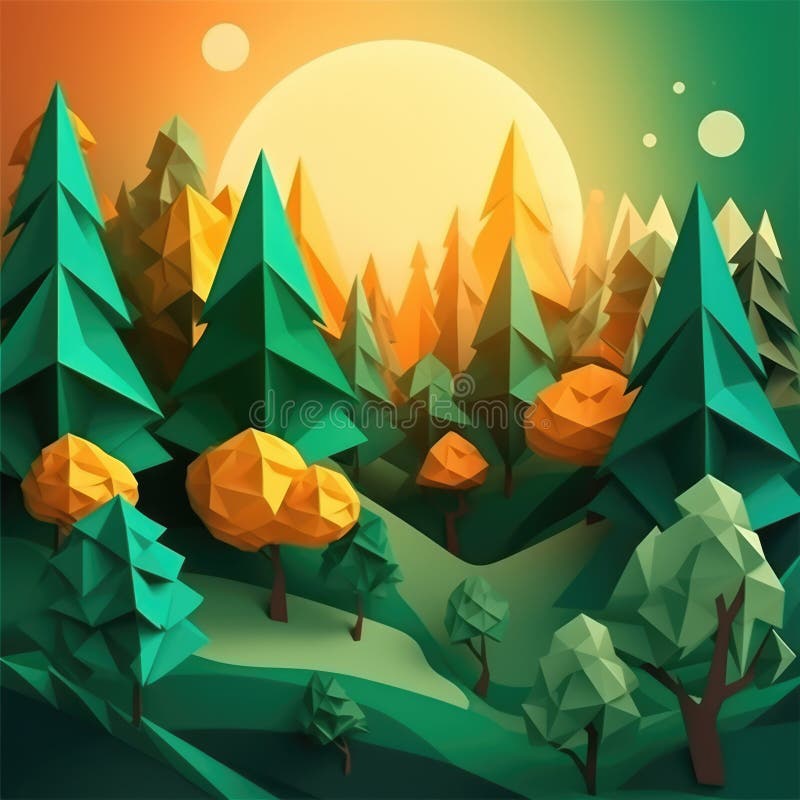 Origami Landscape with Trees and Sunset, Created Using Generative Ai ...