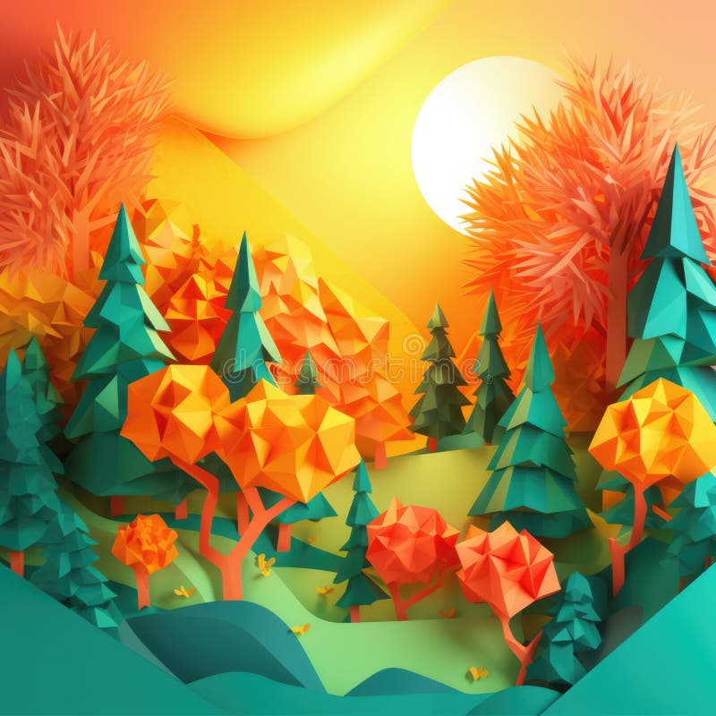 Origami Landscape with Trees and Sunset, Created Using Generative Ai ...
