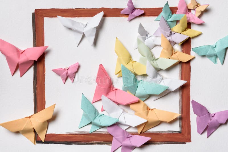 Origami. Many Colored Butterflies on White Page. Stock Image - Image of ...