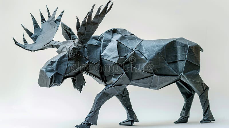 An Origami Moose with Large Antlers, Made of Gray Paper, Standing on a ...