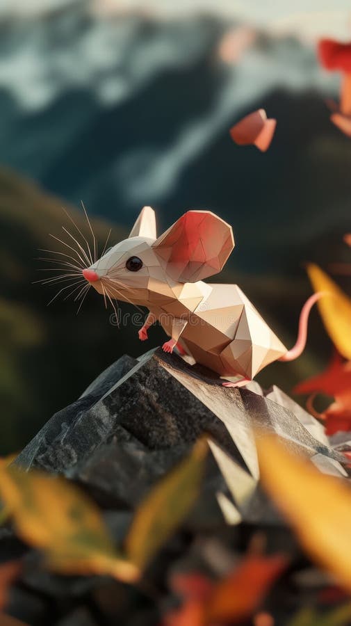 Origami Mouse in Autumn Forest with Mountains Stock Illustration ...