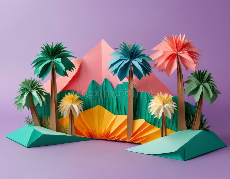 Origami Oasis with Palm Trees Made of Colored Paper. Three-dimensional ...