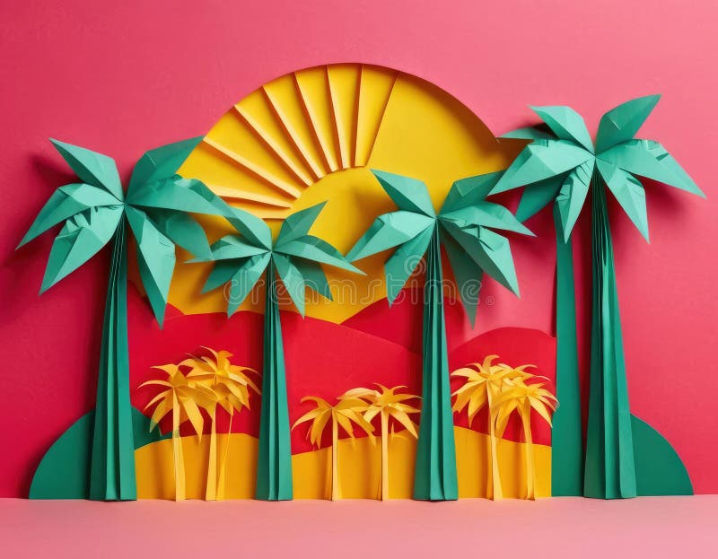 Origami Oasis with Palm Trees Made of Colored Paper. Three-dimensional ...