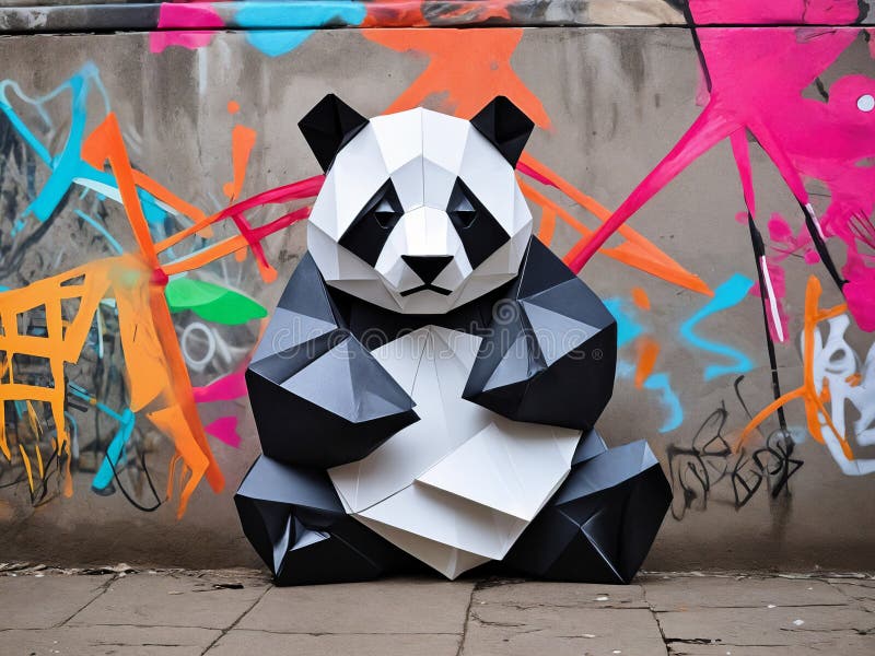 Origami Panda on a Graffiti Wall - Generated by Ai Stock Illustration ...
