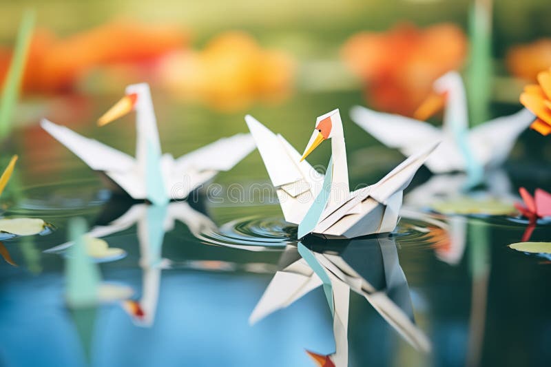Origami Paper Swans on Lake Surface Stock Image - Image of japanese ...
