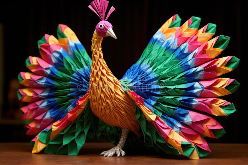 Origami Peacock with Multicolored Feathers Spread Stock Illustration ...