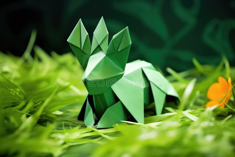 Origami Rabbit on Green Craft Paper Mimicking Grass Stock Photo - Image ...