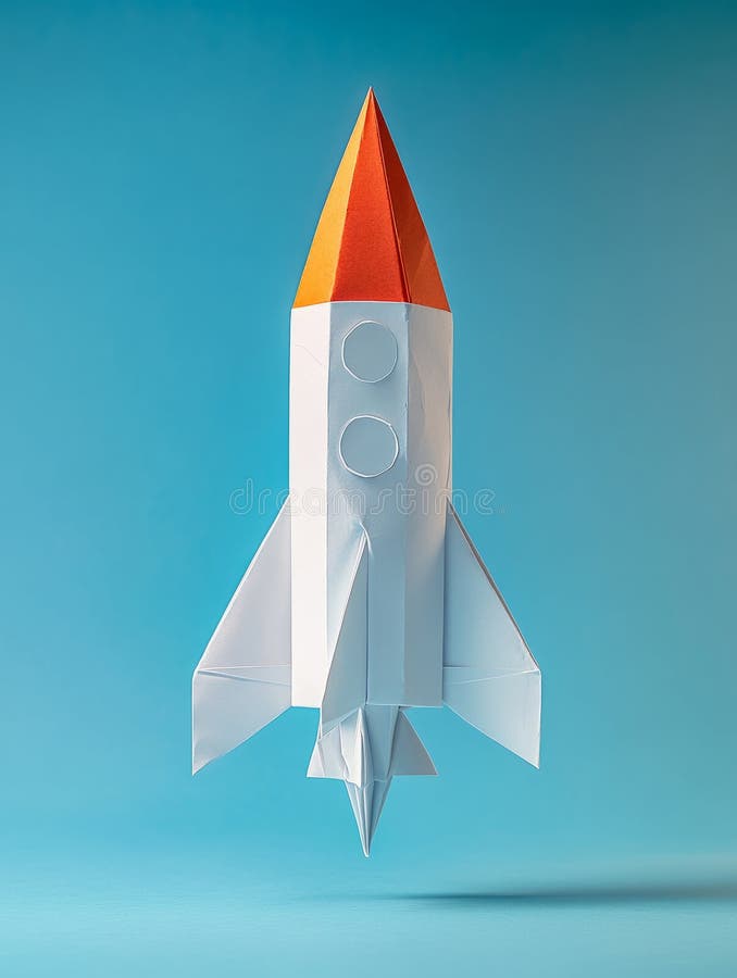 Origami Rocket on Blue Background with Orange Tip. Stock Image - Image ...