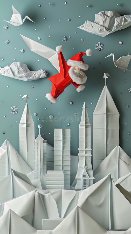 An Origami Santa Flying on a Paper Crane Navigating through a Landscape ...