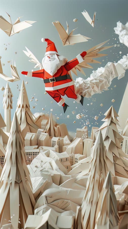 An Origami Santa Flying on a Paper Crane Navigating through a Landscape ...