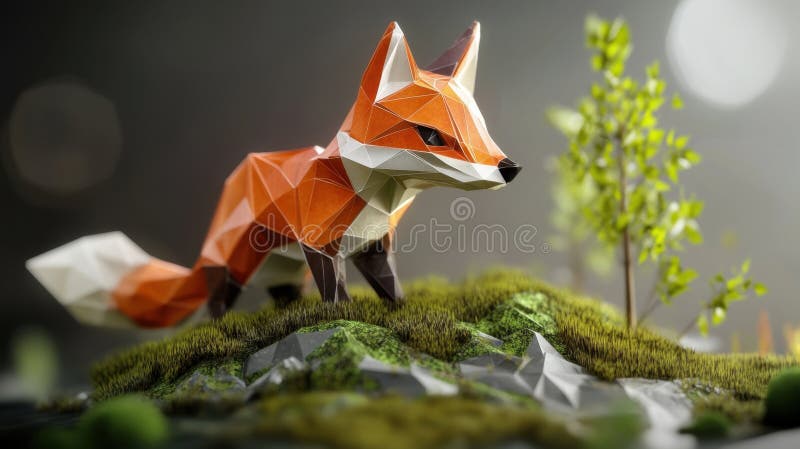 Origami-style Geometric Fox Figurine on Mossy Landscape with Tree and ...