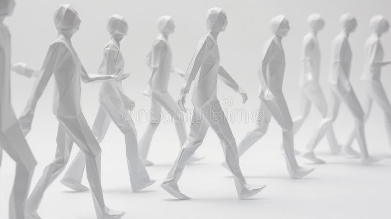 Origami-style White Human Figures Walking in Unison on a Plain White ...