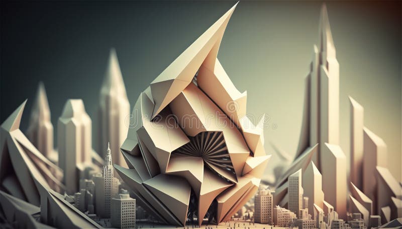 Origami Technic, Futuristic City Made of Paper Objects on the Gradient ...