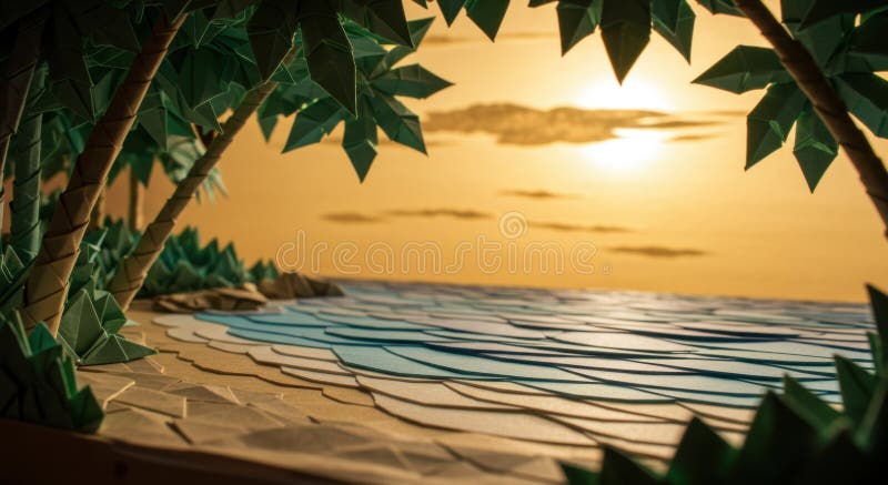 Origami Tropical Beach Sunset with Paper Trees and Ocean Waves Stock ...