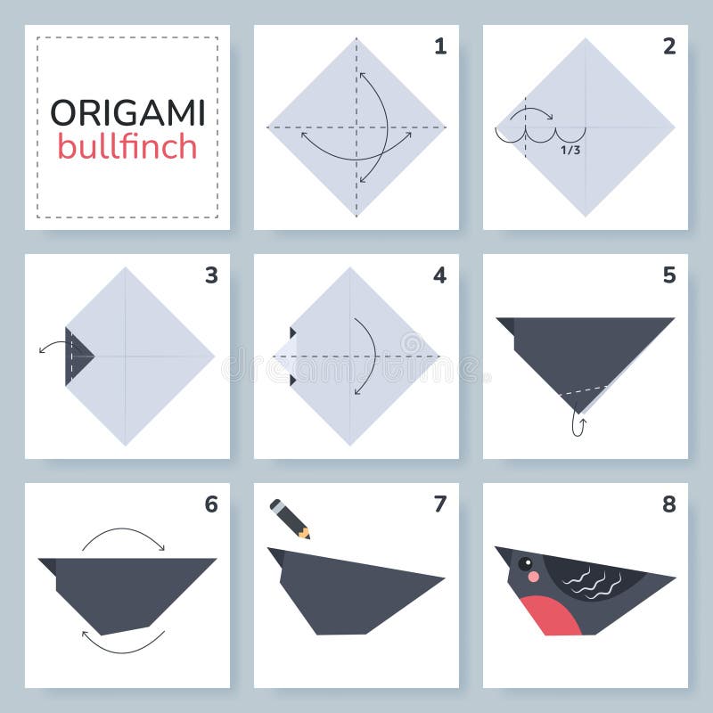 Origami Tutorial for Kids. Origami Cute Bullfinch. Stock Vector ...