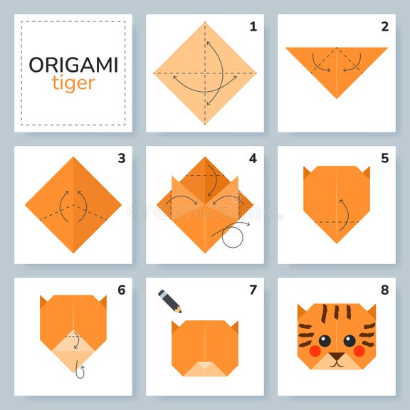 Origami Tutorial for Kids. Origami Cute Tiger. Stock Vector ...