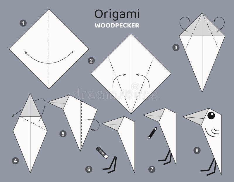 Origami Tutorial for Kids. Origami Cute Woodpecker Stock Vector ...