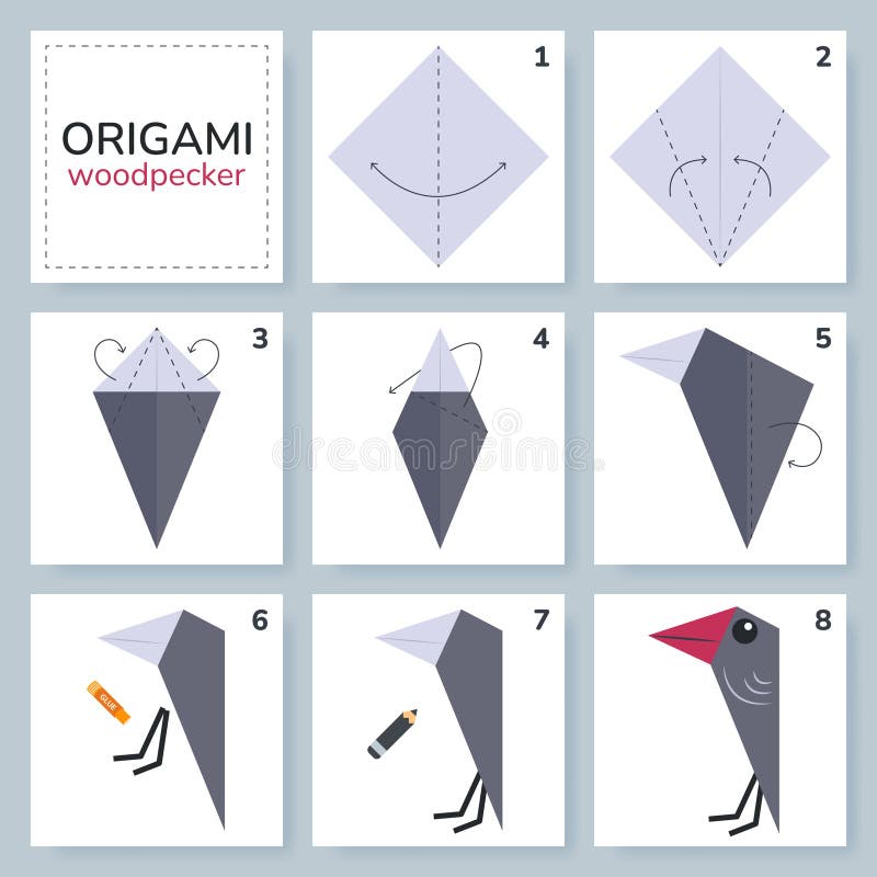 Origami Tutorial for Kids. Origami Cute Woodpecker Stock Vector ...