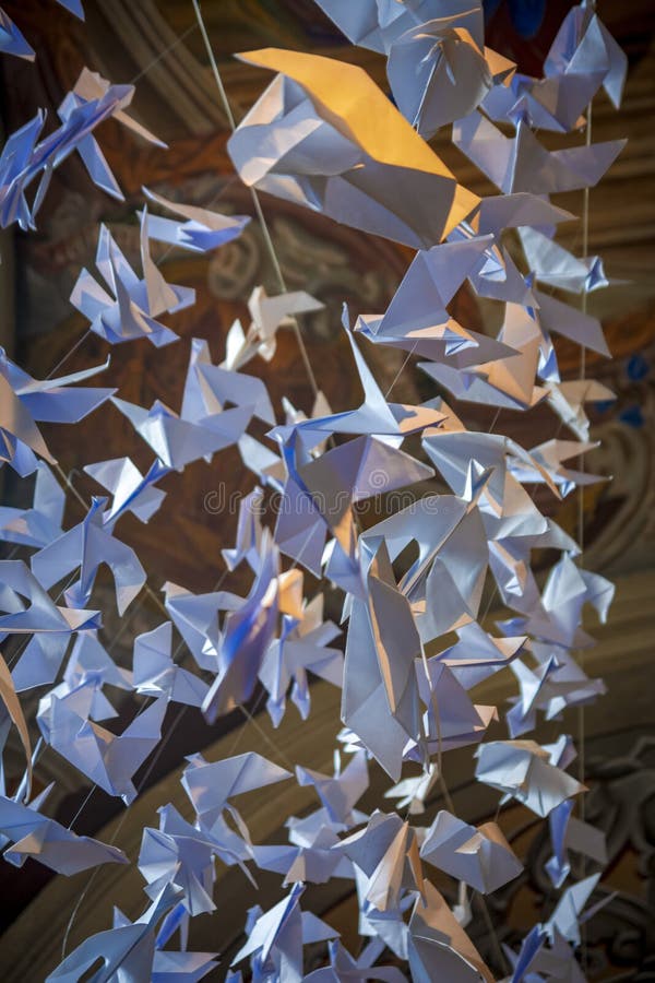 Origami White Paper Doves Hanging on a Rope Stock Photo - Image of bird ...