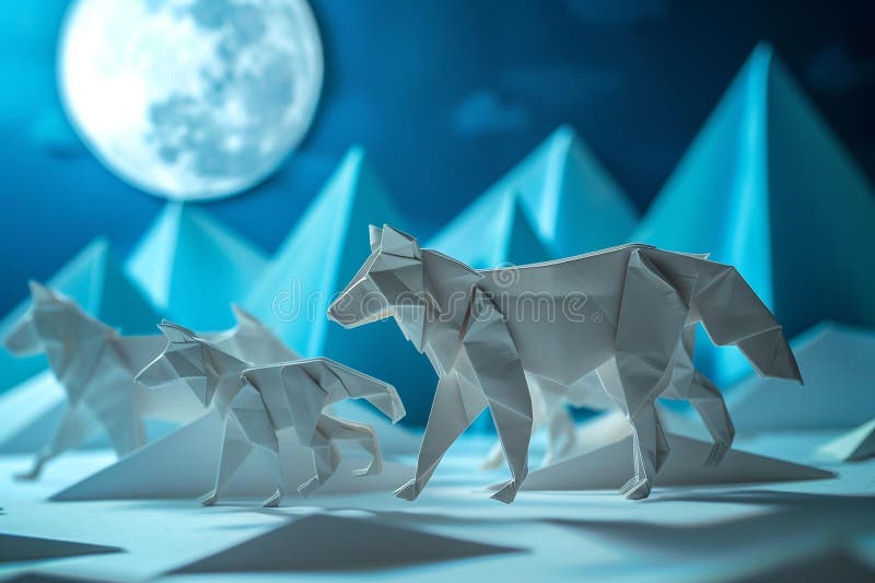 Origami Wolf Pack Under a Full Moon Stock Illustration - Illustration ...