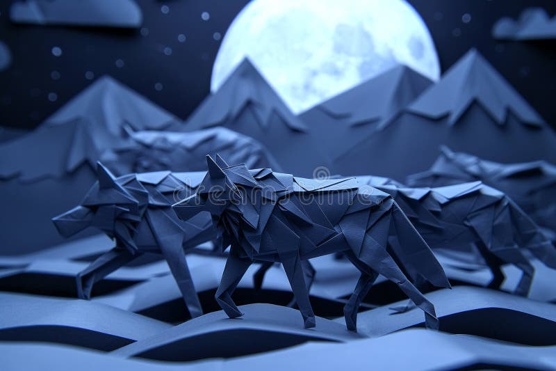 Origami Wolf Pack Under Moonlight Stock Illustration - Illustration of ...