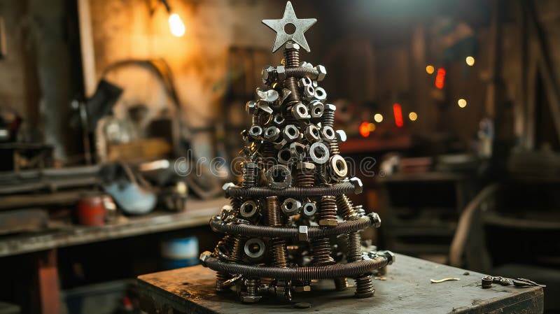An Original Christmas Tree Made from Metal Bolts and Nuts. the Top is ...
