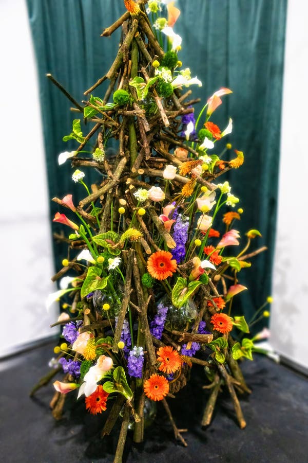 Original Christmas Tree Made of Sticks and Flowers Stock Photo - Image ...