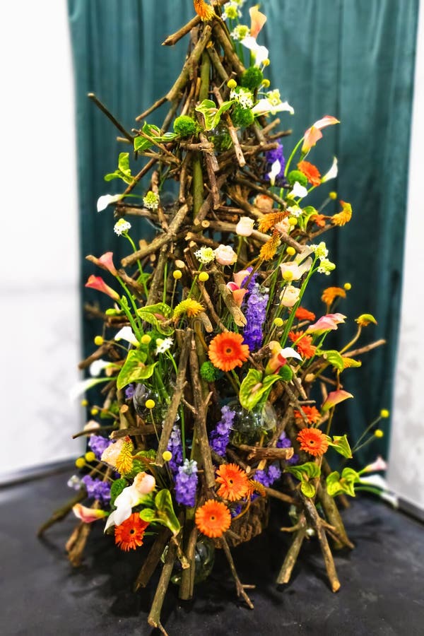 Original Christmas Tree Made of Sticks and Flowers Stock Image - Image ...