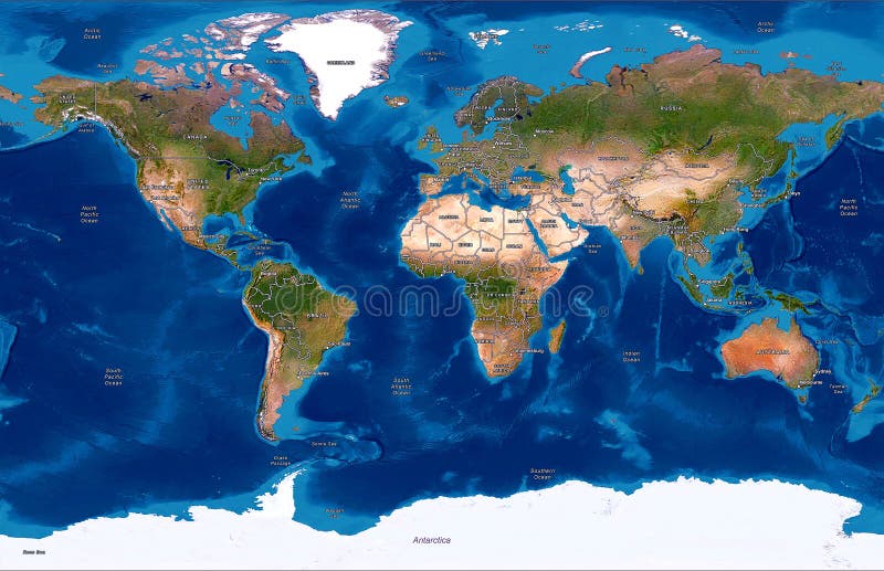 Original Classic World Satellite Image Map with All Labels Stock ...