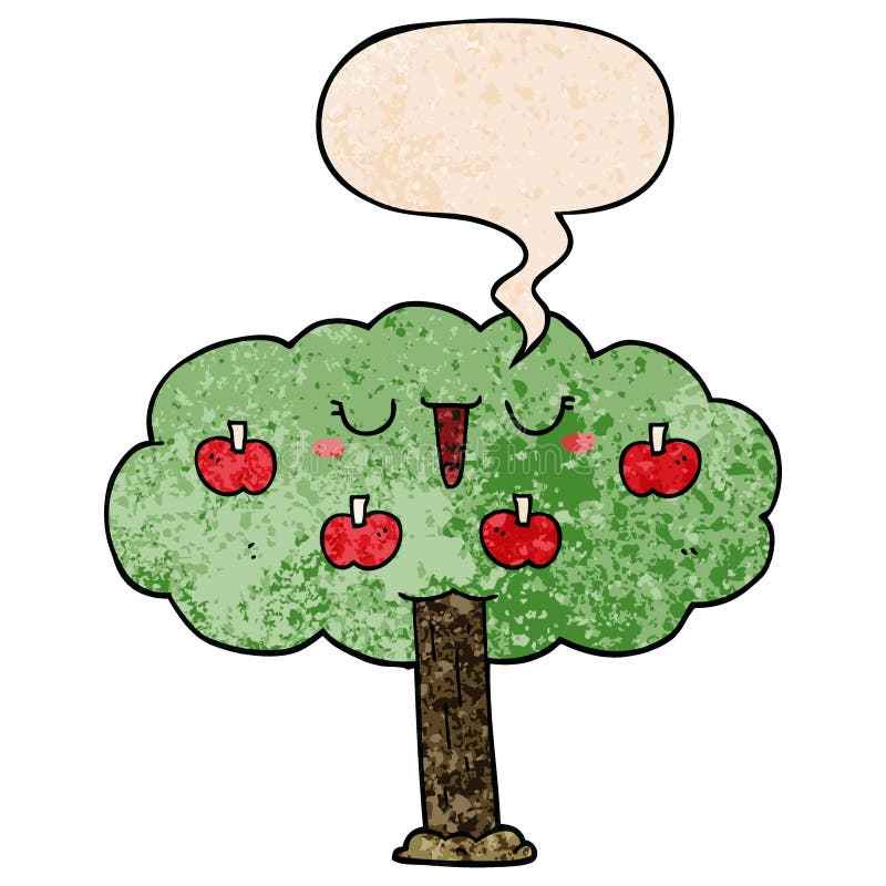 A Creative Cartoon Apple Tree and Speech Bubble in Retro Texture Style ...