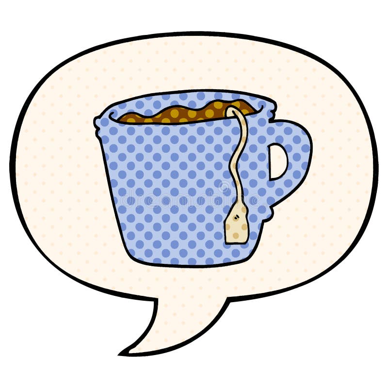 A Creative Cartoon Hot Cup of Tea and Speech Bubble in Comic Book Style ...