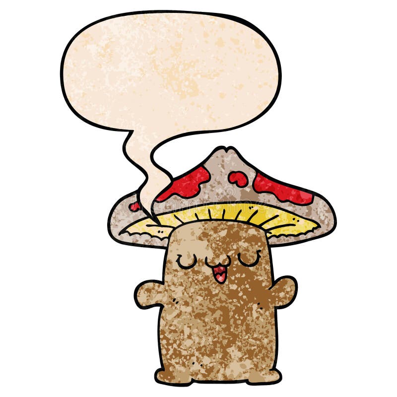 A Creative Cartoon Mushroom Creature and Speech Bubble in Retro Texture ...