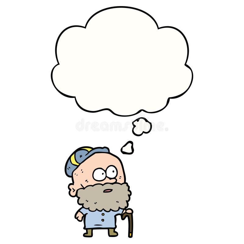 A Creative Cartoon Old Man With Walking Stick And Thought Bubble Stock