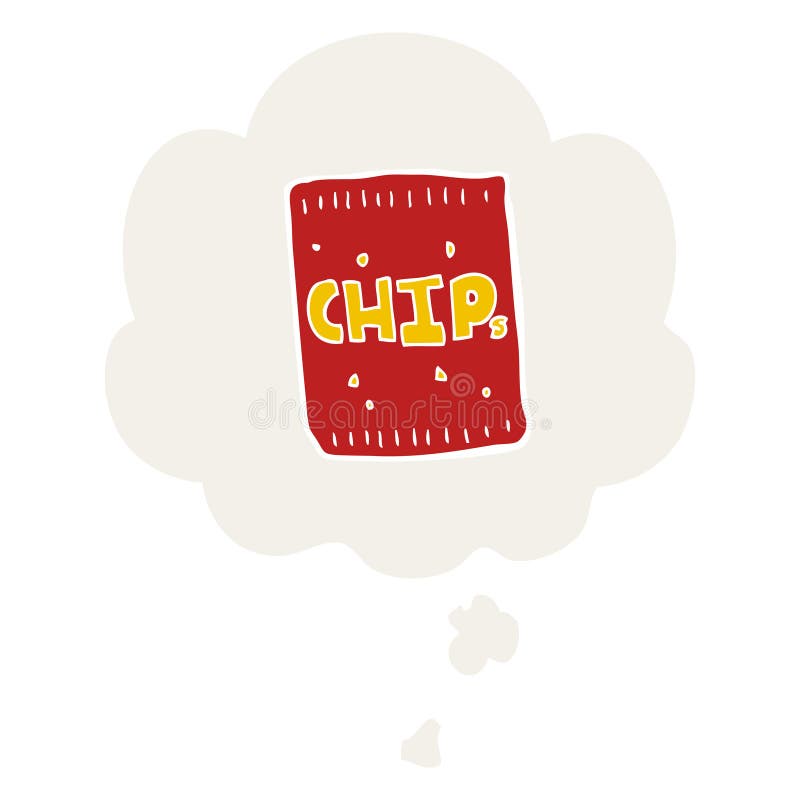 A Creative Cartoon Packet of Chips and Thought Bubble in Retro Style ...