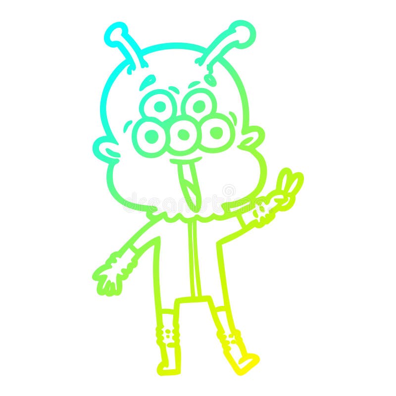 A Creative Cold Gradient Line Drawing Happy Cartoon Alien Waving Peace ...