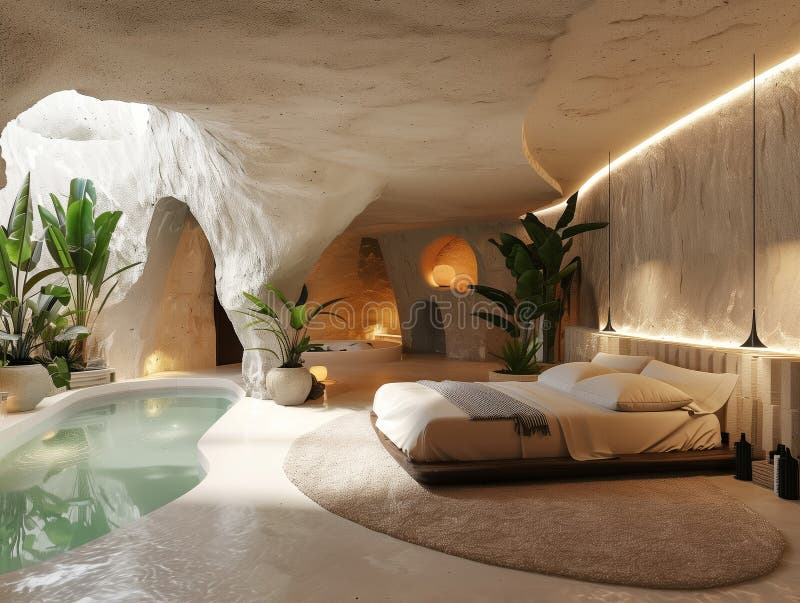 An Original Design of Beige Cave-style Bedroom with Swimming Pool and a ...