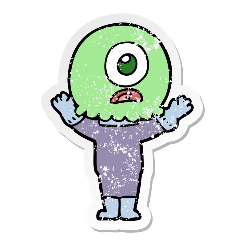 A Creative Distressed Sticker of a Cartoon Cyclops Alien Spaceman Stock ...