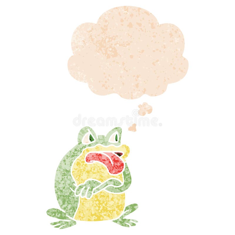 A Creative Grumpy Cartoon Frog and Thought Bubble in Retro Textured ...