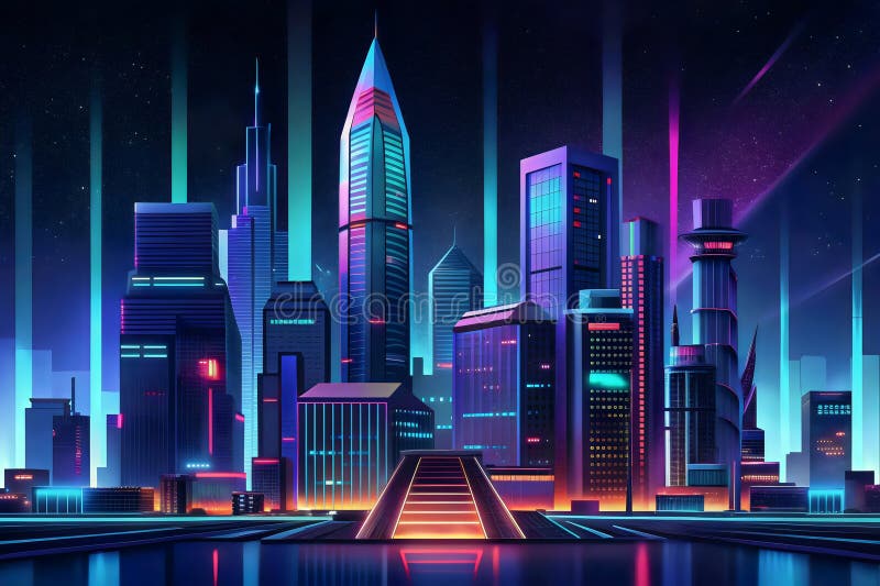 Futuristic City Skyline Neon Lights Digital Art Nightscape Stock ...