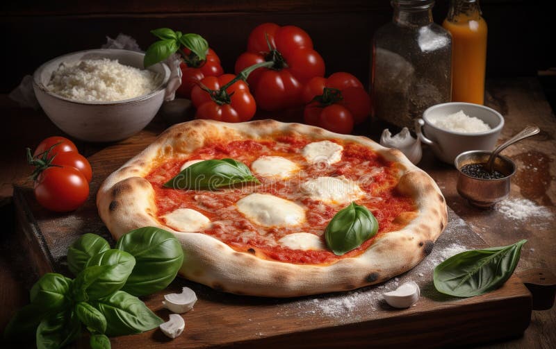 Original Neapolitan Pizza Margherita on Rustic Background. Generative ... Original Neapolitan Pizza Margherita on Rustic Background. Generative ...