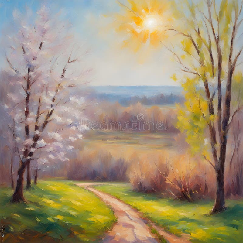 Original Oil Painting Sunny Landscape on Canvas Stock Illustration ...