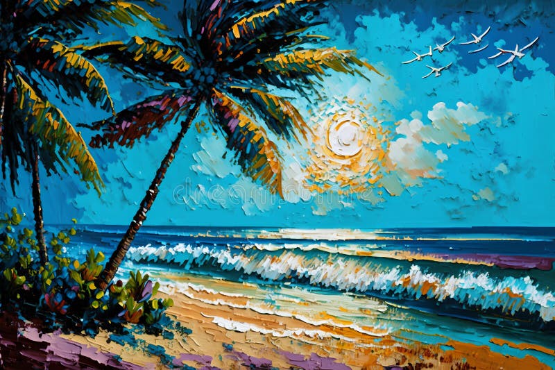 Original Oil Painting of Tropical Beach with Palm Trees and Seagulls ... Original Oil Painting of Tropical Beach with Palm Trees and Seagulls ...