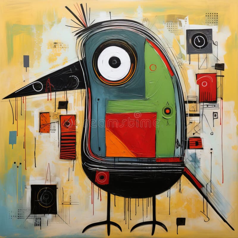 Whimsical Bird Painting with Industrial Shapes and Playful Whimsy Stock ...