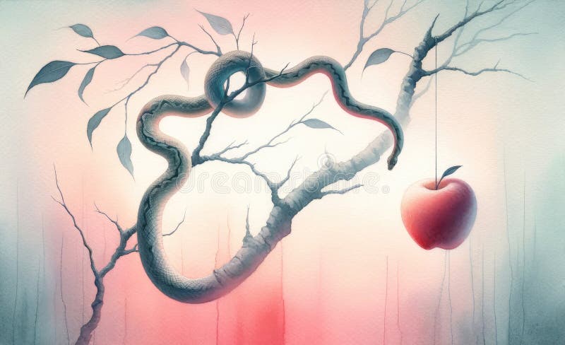The Original Sin. Watercolor Illustration of an Apple and a Snake on a ...
