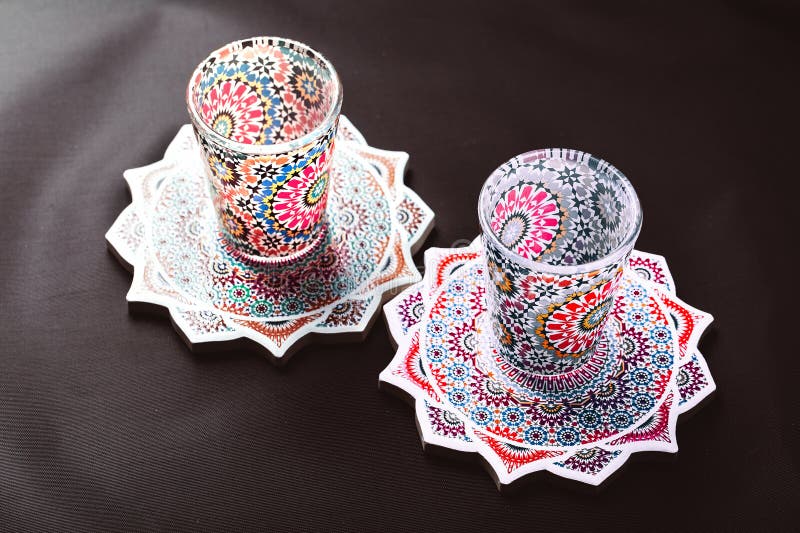 Tea Glass and Ceramic Glass Coaster with Geometic Pattern in Moroccan ...