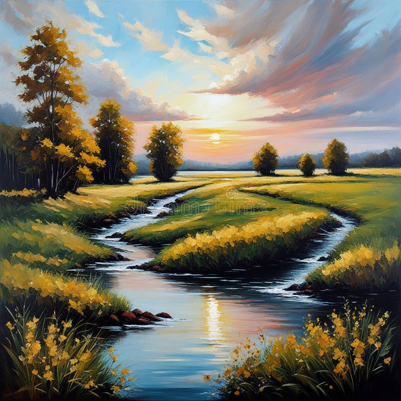 Two Streams in an Open Field Merge into a River. Stock Illustration ...