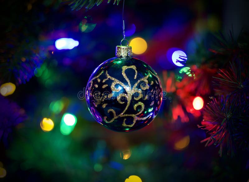 Single Red Ornament Hanging from Pine Tree with Glowing Lights Stock ...